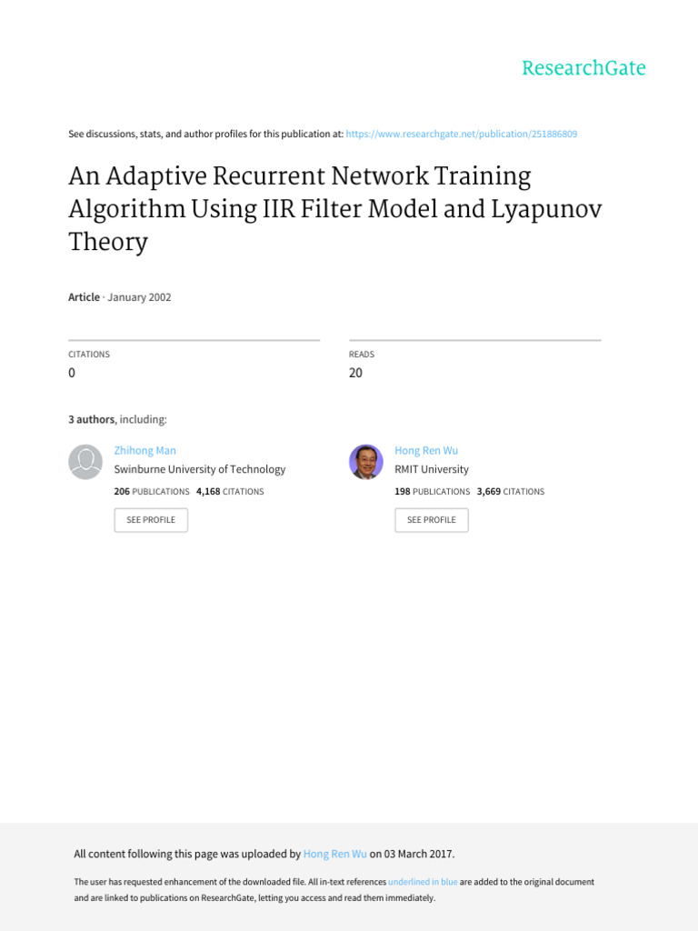 An Adaptive Recurrent Network Training Algorithm U | PDF | Applied ...