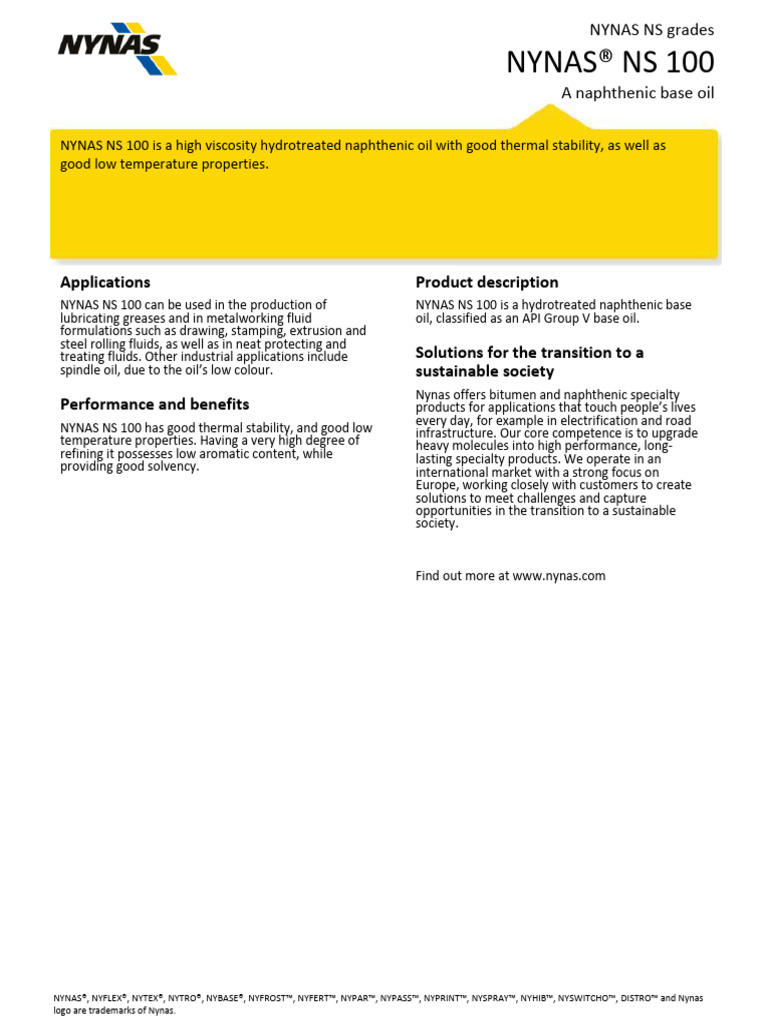Nynas NS 100: High-Performance Base Oil | PDF | Hydrocarbons | Liquids