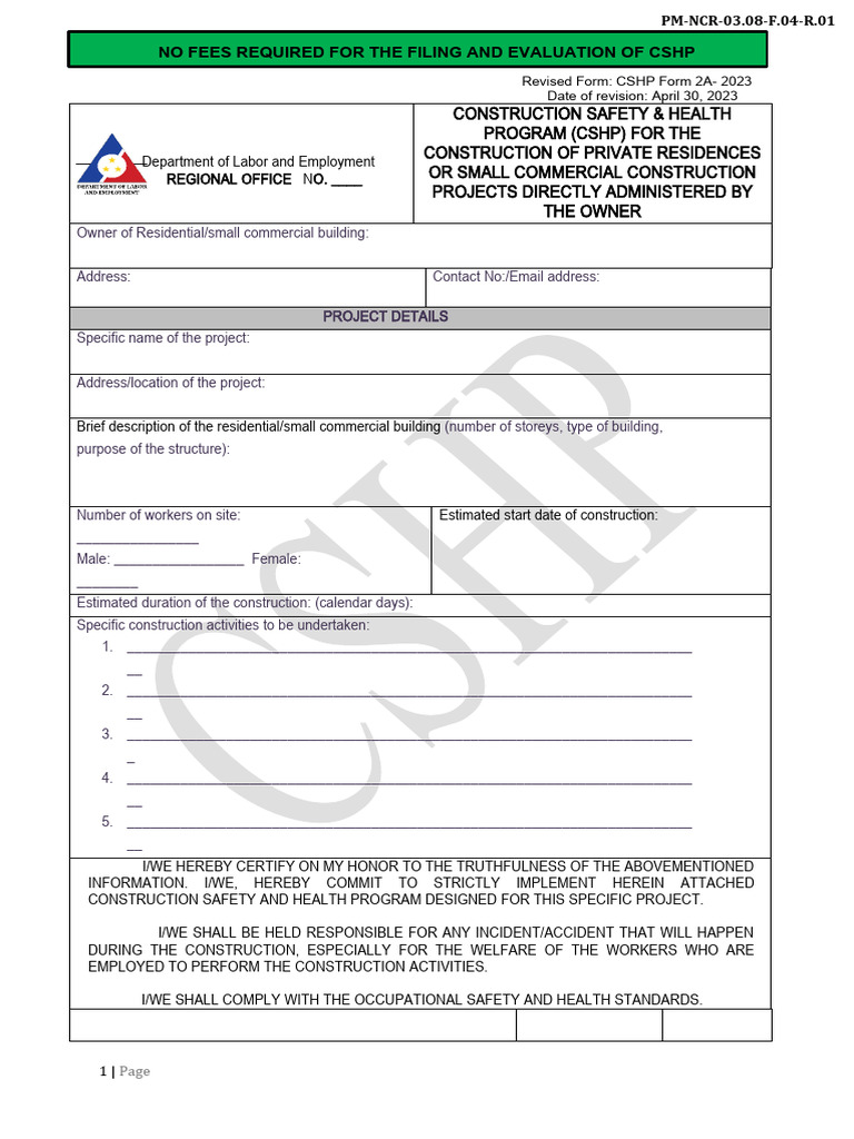 CSHP Application Form 2A-2023 | PDF | Occupational Safety And Health ...
