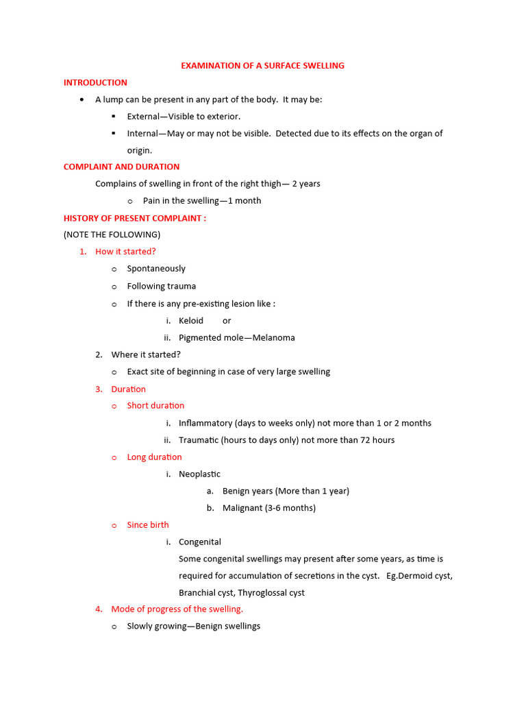 Surface Swelling Examination Notes | PDF | Pulse | Neoplasms