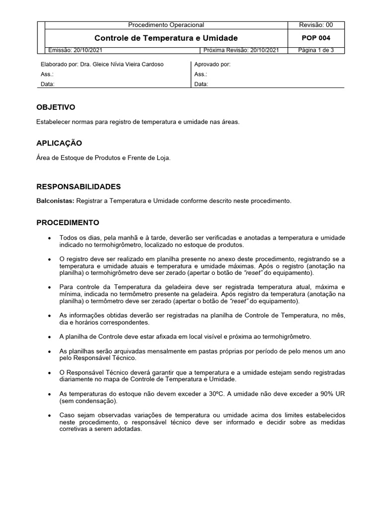 POP 004 - Controle de Temperatura e Umidade | PDF | Temperatura | Umidade