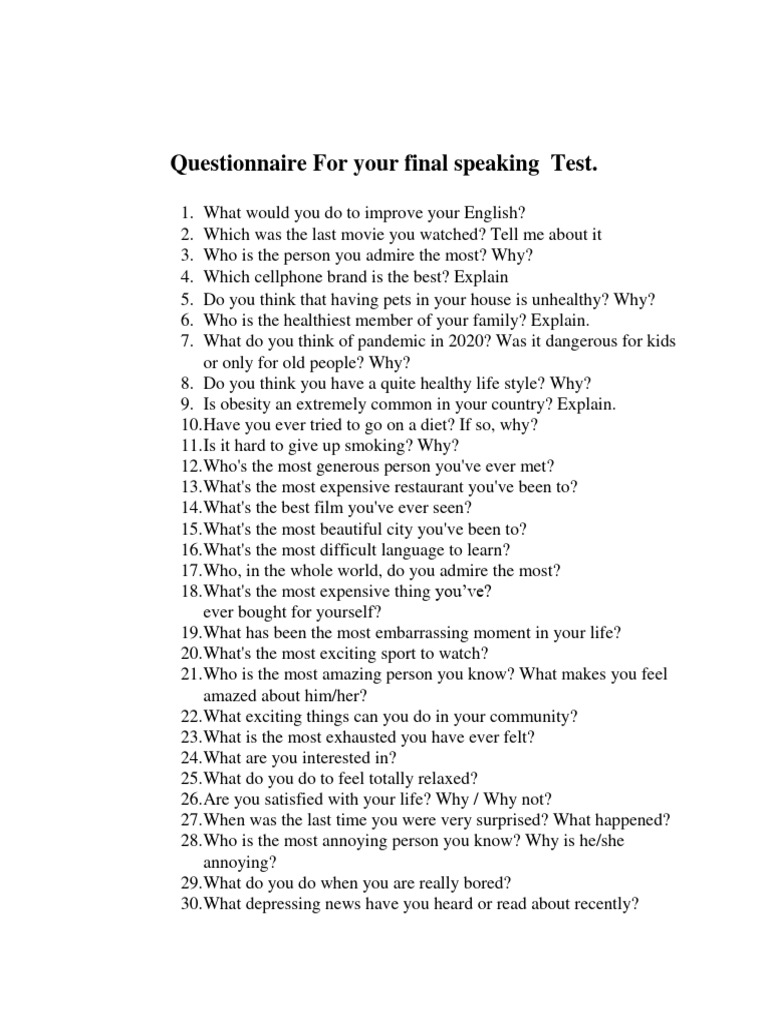 Questionnaire For Your Final Speaking Test | PDF | Social Science
