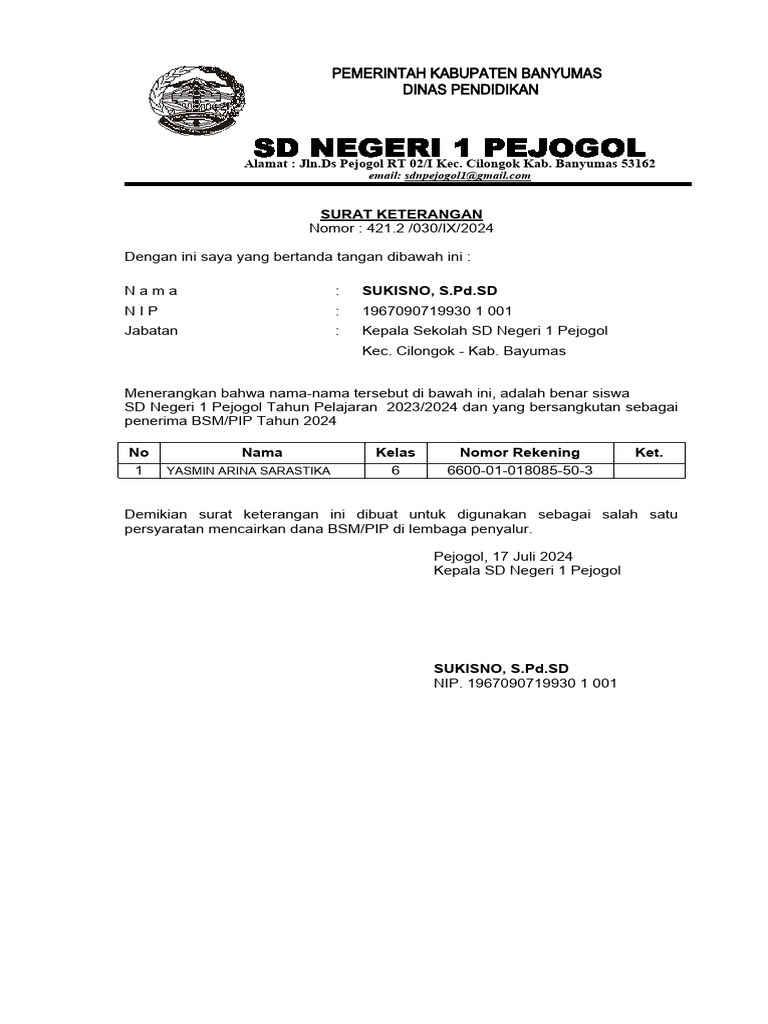 Surat Ket Dari KS - PIP BRI - 2022 | PDF