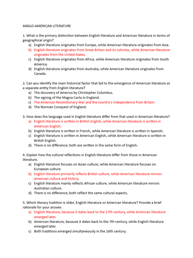 Anglo-American Litt Test Questions | PDF | Transcendentalism | Romanticism