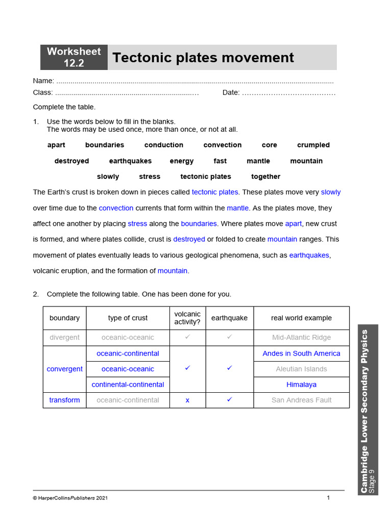Tectonic Plates Movement Worksheet | PDF | Plate Tectonics | Volcano