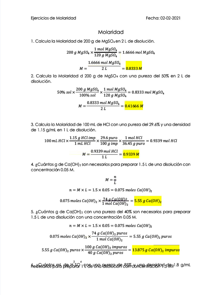 PDF Ejercicios de Molaridad Compress | PDF