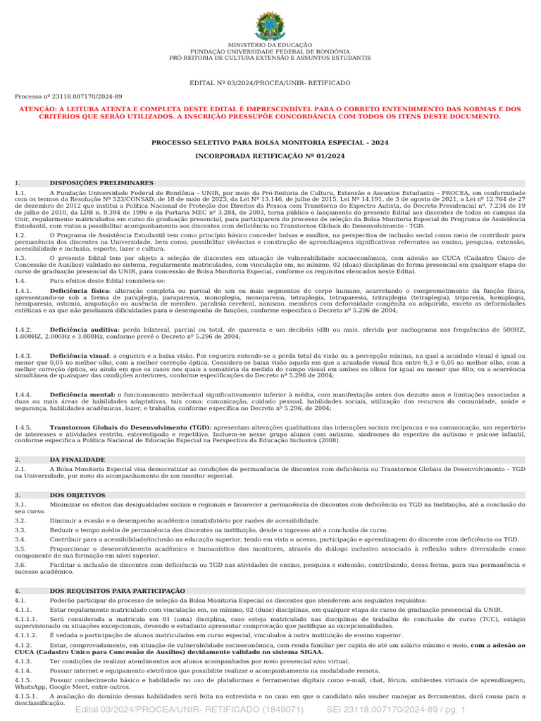 Edital 03/2024 PROCEA UNIR - Rectifié | PDF