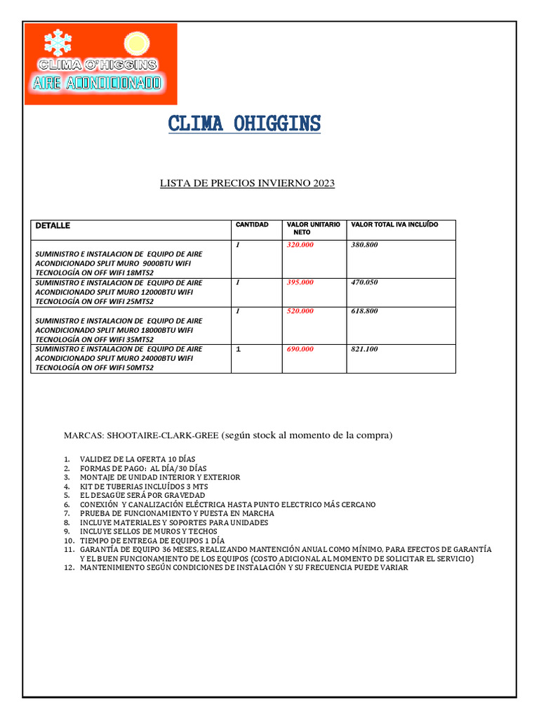 Lista de Precios Oferta Invierno 2023 | PDF