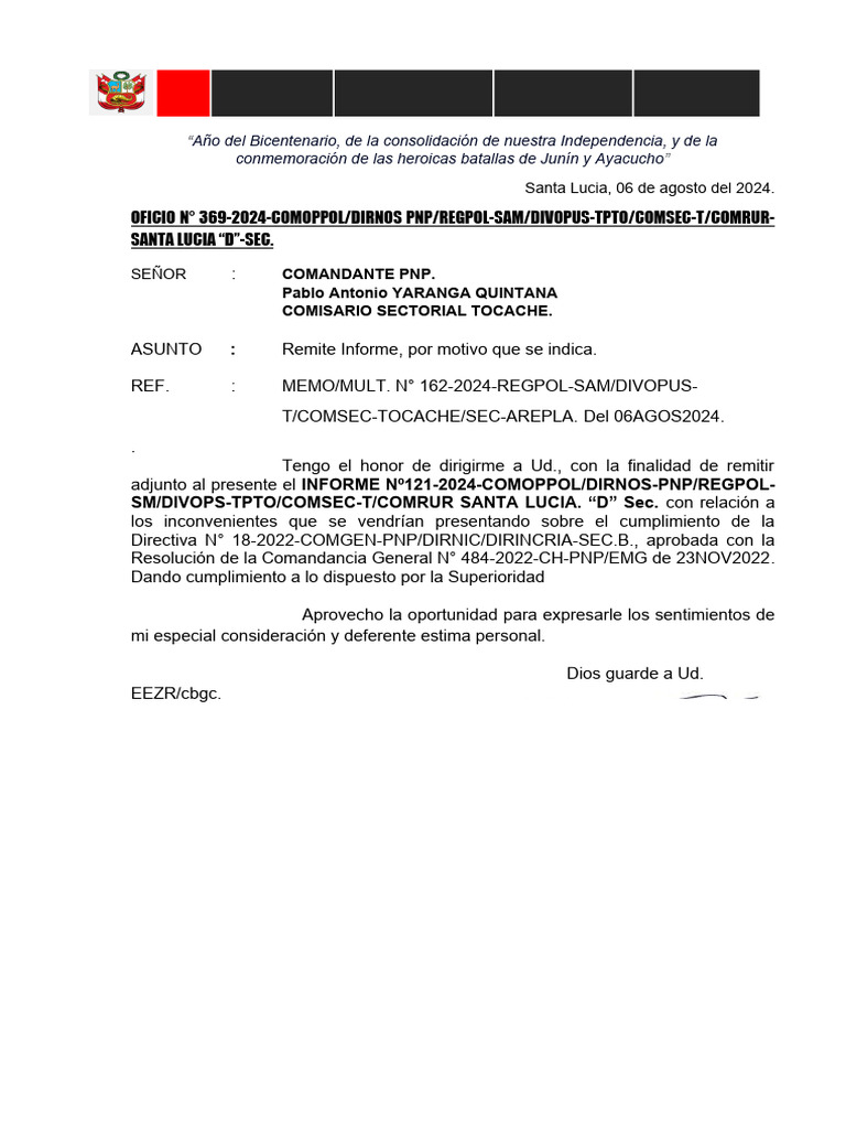 Remite Oficio Nro.369 Y-O Informe Nro. 121 | PDF