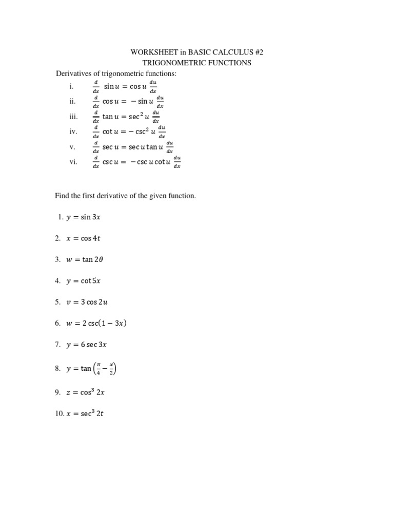 Trigonometric Derivatives Worksheet | PDF | Science & Mathematics