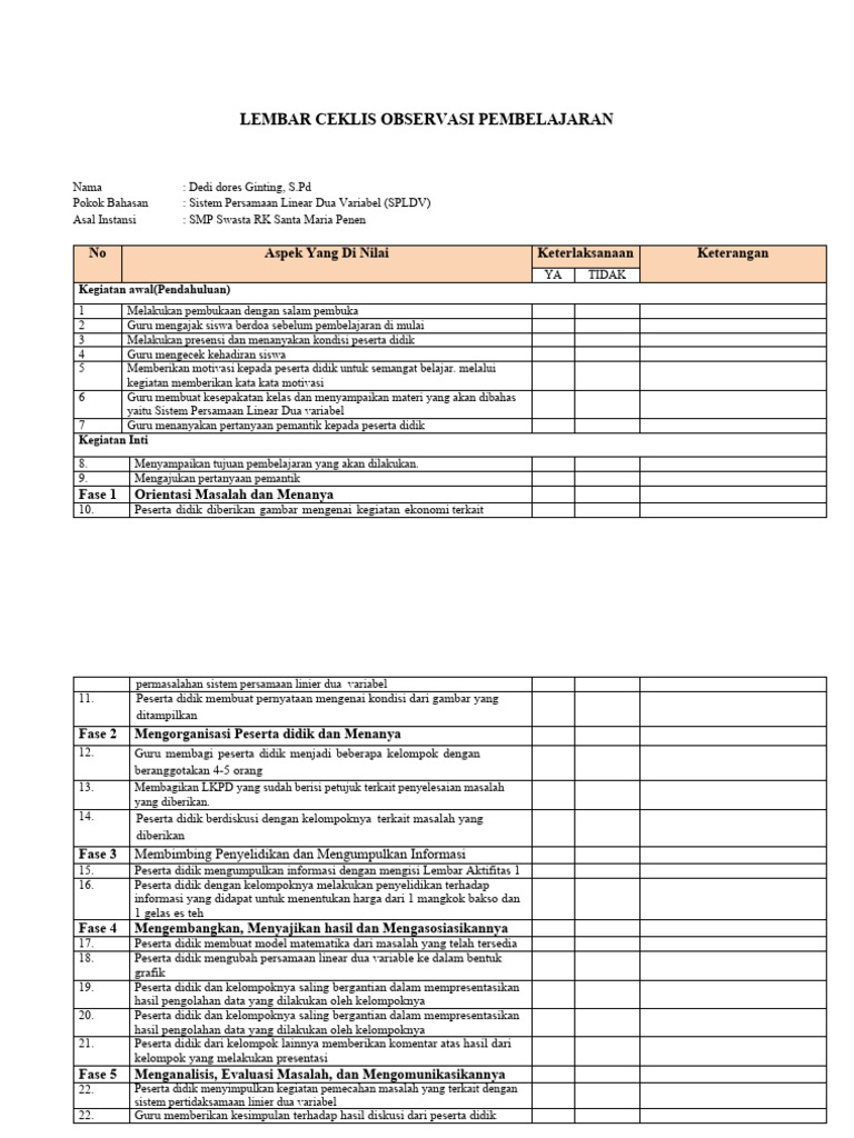 Lembar Ceklis Observasi Pembelajaran | PDF | Karier & Perkembangan