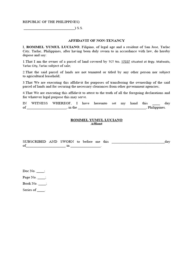 Affidavit of Non Tenancy Luciano | PDF | Affidavit | Leasehold Estate