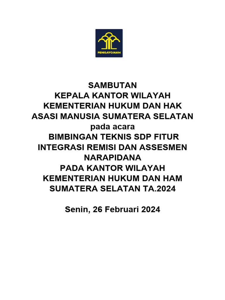 Sambutan Bimtek SDP Integrasi Remisi Feb 2024 | PDF