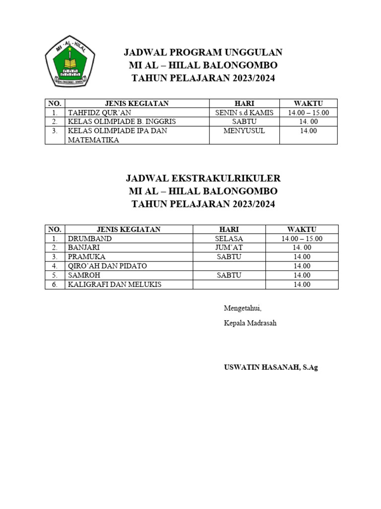 Jadwal Program MI Al-Hilal 2023/2024 | PDF