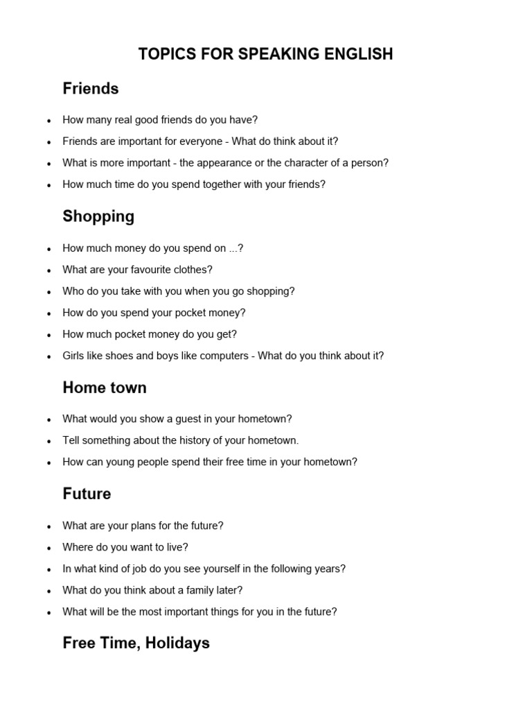 English Speaking Topics Guide | PDF | Self-Improvement