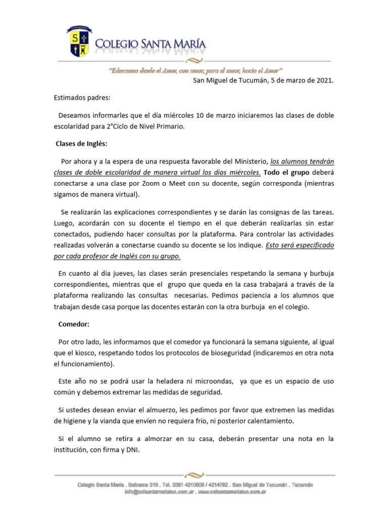 Inicio Clases Doble Escolaridad 2° Ciclo | PDF