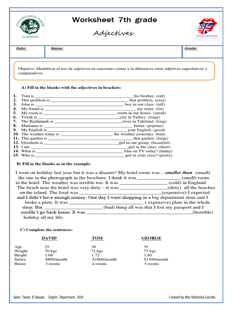 Worksheet Adjectives 2 7TH GRADERS | PDF