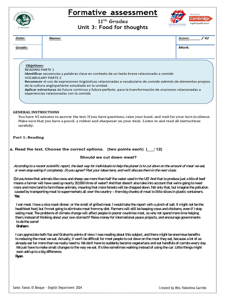 FORMATIVE ASSESSMENT UNIT 3 11th | PDF | Pancake | Grilling