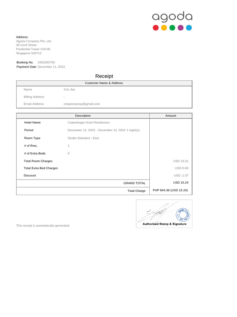 Agoda Booking ID 1091595792 - RECEIPT Enclosed | PDF