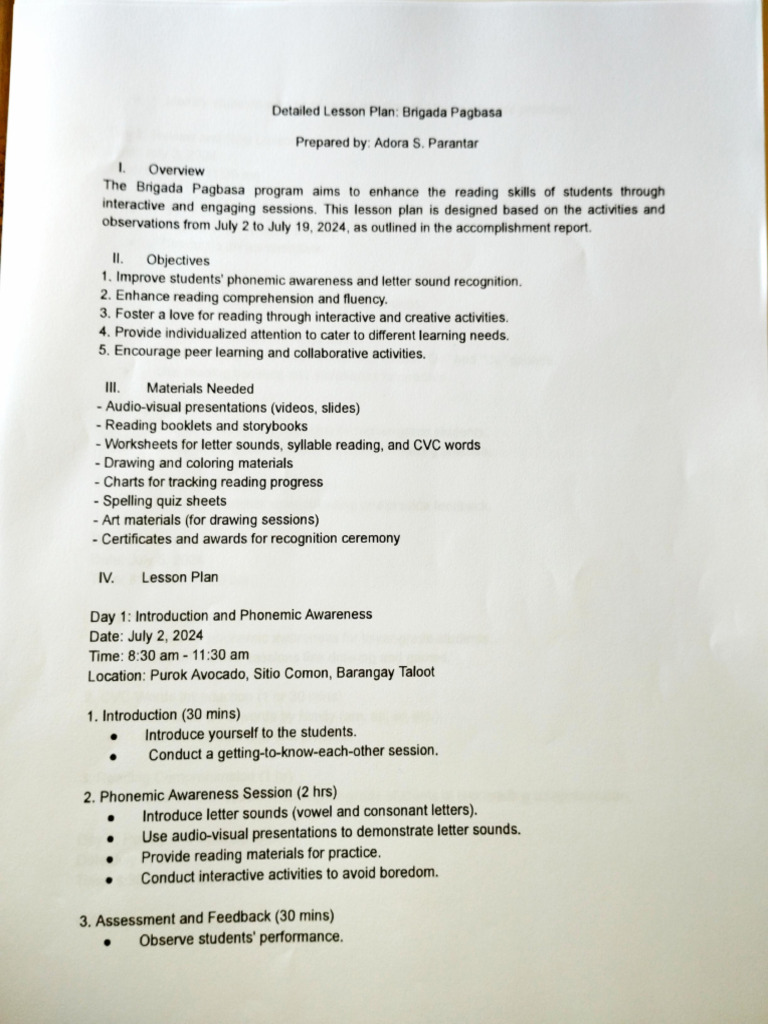 Brigada Pagbasa: Grade 1 Reading Plan | PDF | Reading Comprehension | Fluency