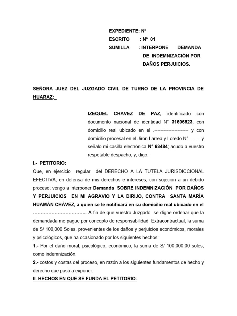 Demanda por Daño Moral y Psicológico | PDF | Daños y perjuicios | Intención (Derecho Penal)