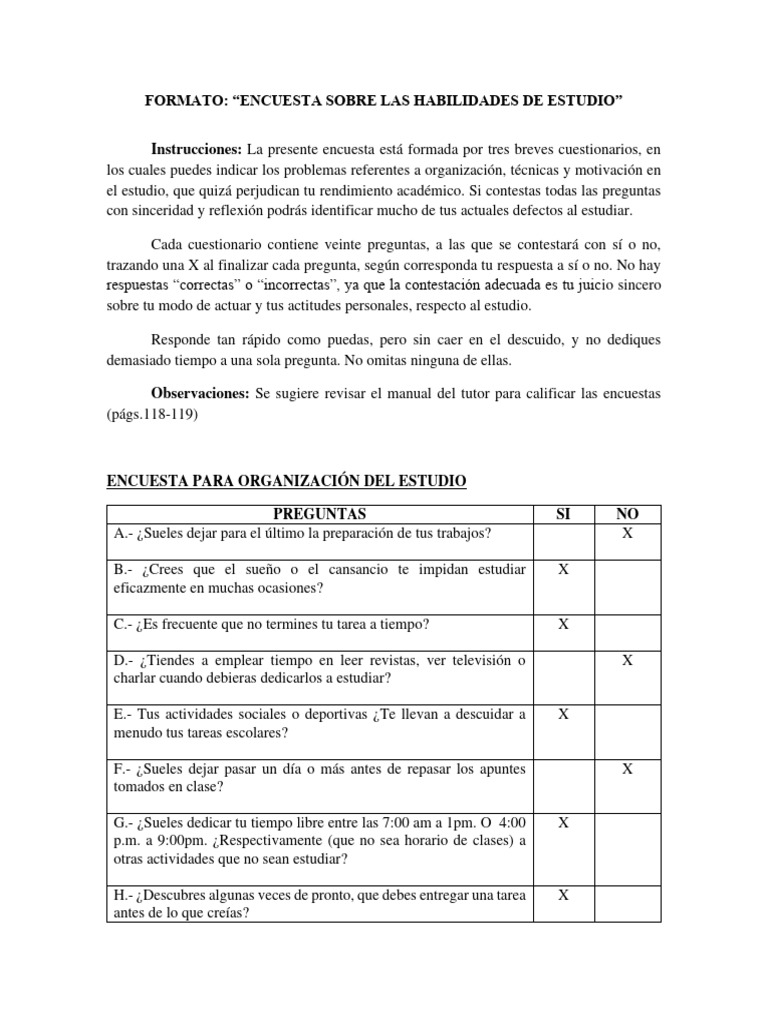 Formato Habilidades de Estudio | PDF | Metodología de encuesta