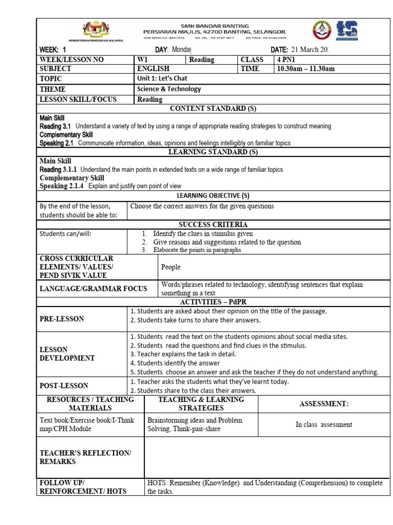 RPH WEEK1 English F4 F5 2022 | PDF | Reading Comprehension | Learning