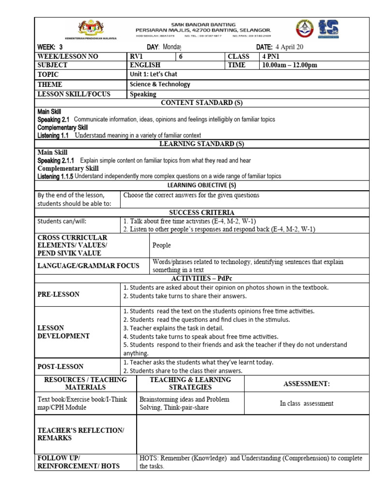 RPH WEEK3 English F4 F5 2022 | PDF | Reading Comprehension | Learning