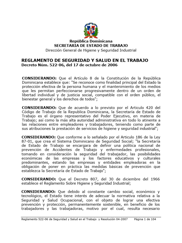 Reglamento 522-06: Seguridad Laboral RD | PDF | Seguridad y salud ...