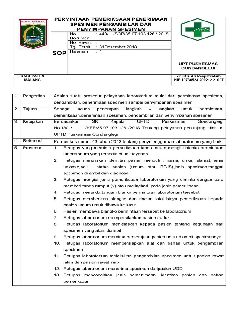 Contoh SOP-PERMINTAAN-PEMERIKSAAN-PENERIMAAN-SPESIMEN-PENGAMBILAN-DAN-PENYIMPANAN-SPESIMEN-SIP | PDF