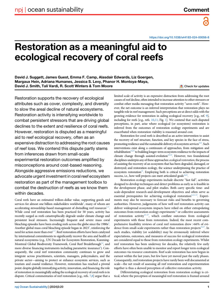 Restoration As A Meaningful Aid To Ecological Recovery of Coral Reefs ...