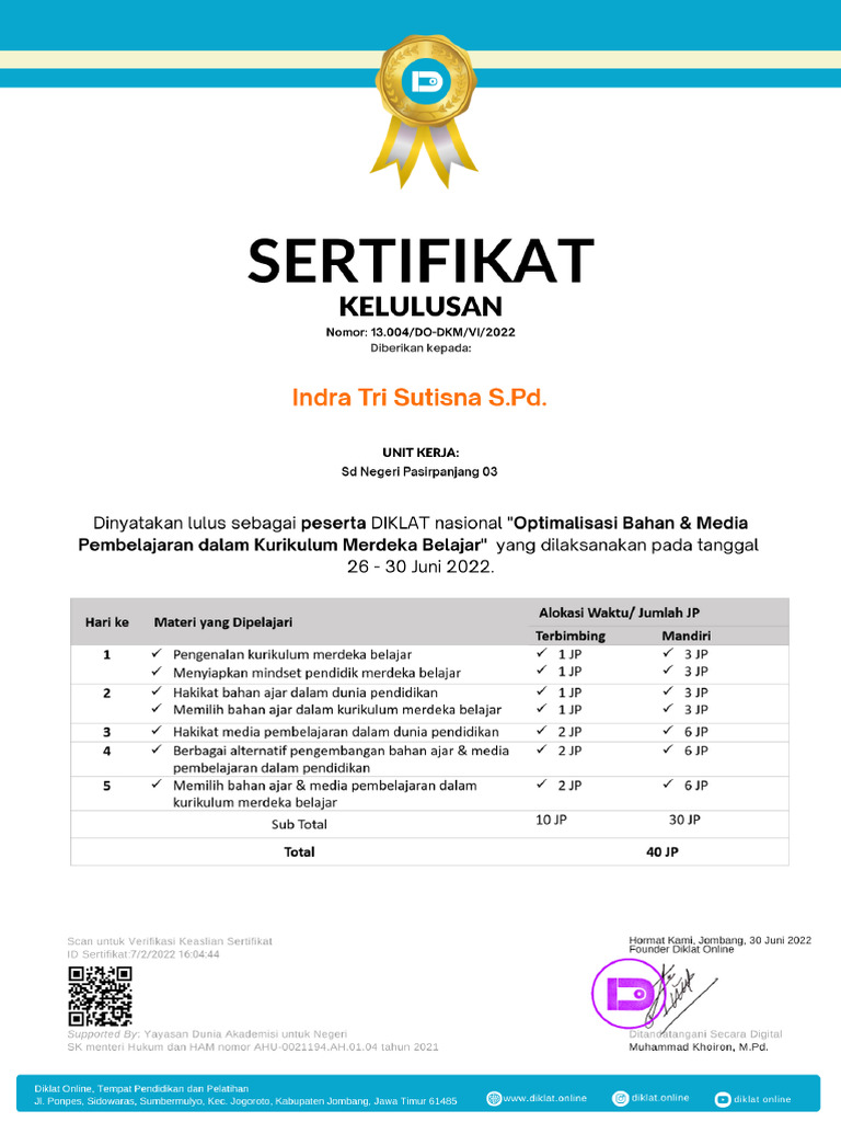 sertifikat kurikulum merdeka Indra Tri Sutisna S.Pd. | PDF