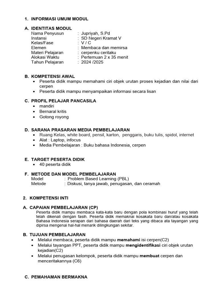 Modul Ajar Bahasa Indonesia Kelas 5 Fase C Membaca Dan Memirsa Pdf