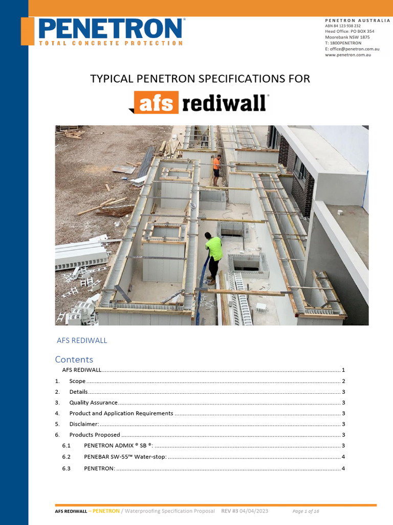 Penetron-Rediwall Specifcations Rev #3a | PDF | Concrete | Materials