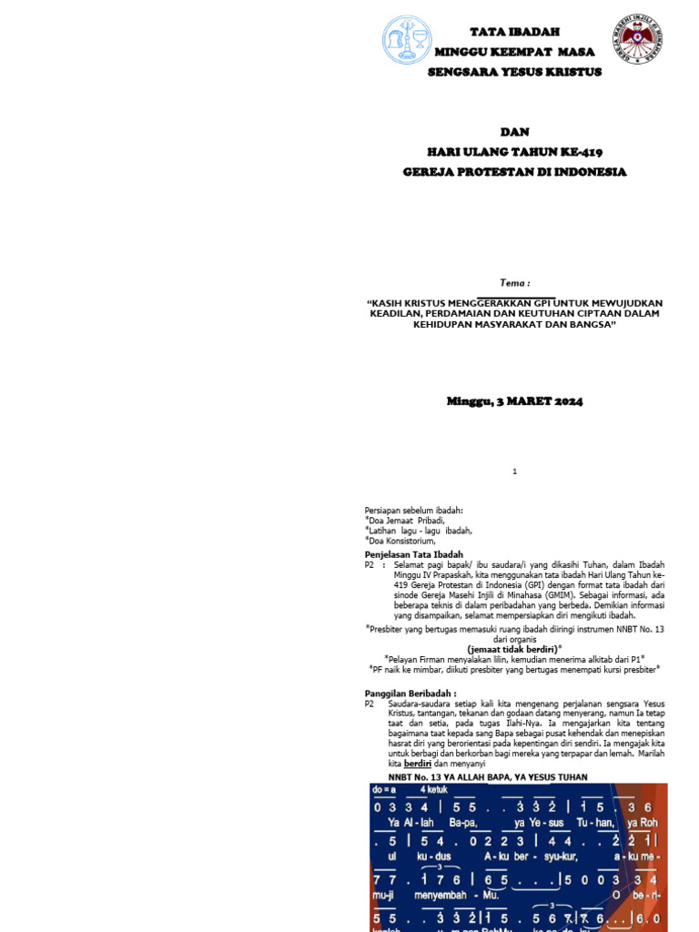 Tata Ibadah Minggu 3 Mar 2024 Hut Ke-419 Gpi Tahun 2024 | PDF