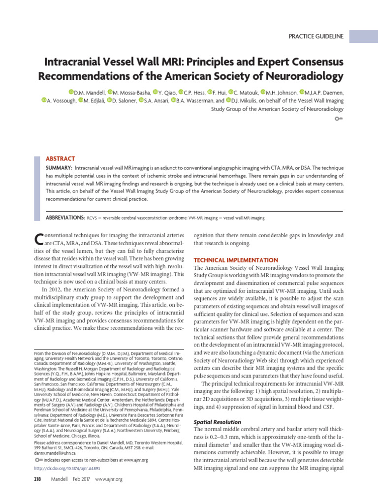 Intracranial Vessel Wall MRI: Principles and Expert Consensus ...