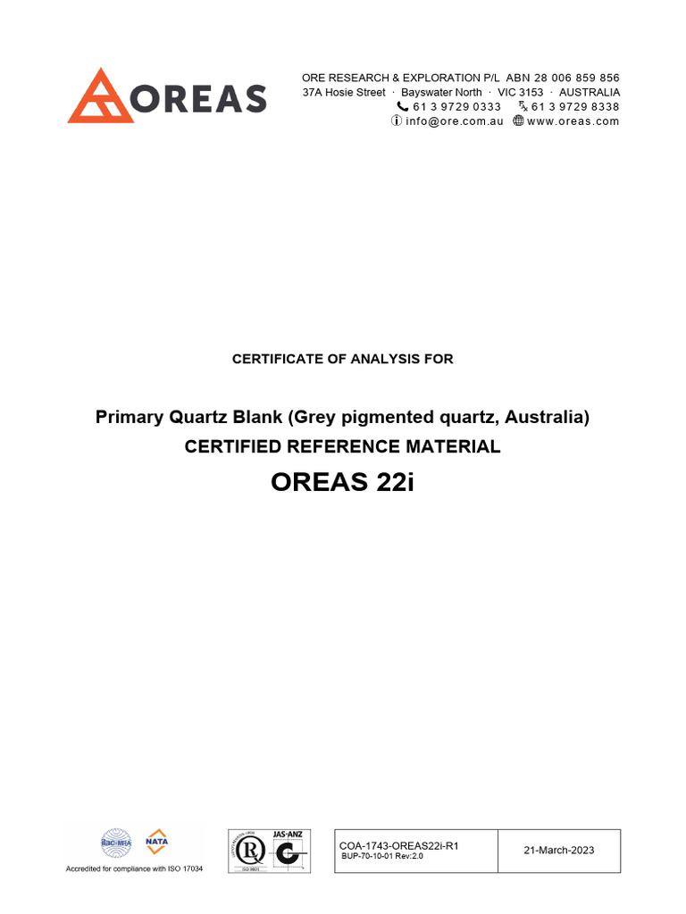 OREAS 22i Certificate | PDF | Outlier | Statistics