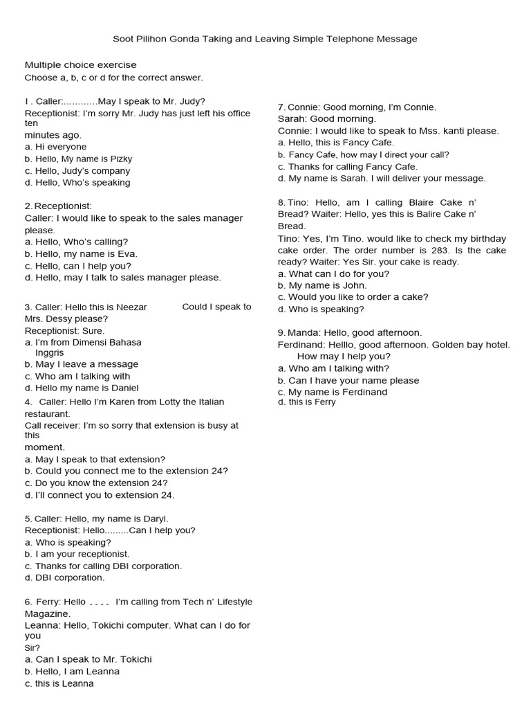 Soal Taking-And-Leaving-Simple-Telephone-Message | PDF