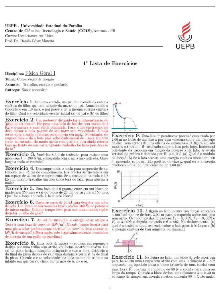 Lista4 Trabalho Energia e Potência | PDF | Atrito | Energia cinética