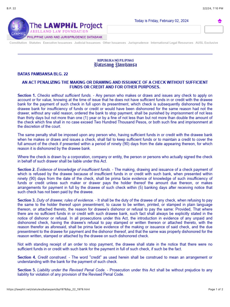 Batas Pambansa Blg. 22 | PDF | Government | Public Law