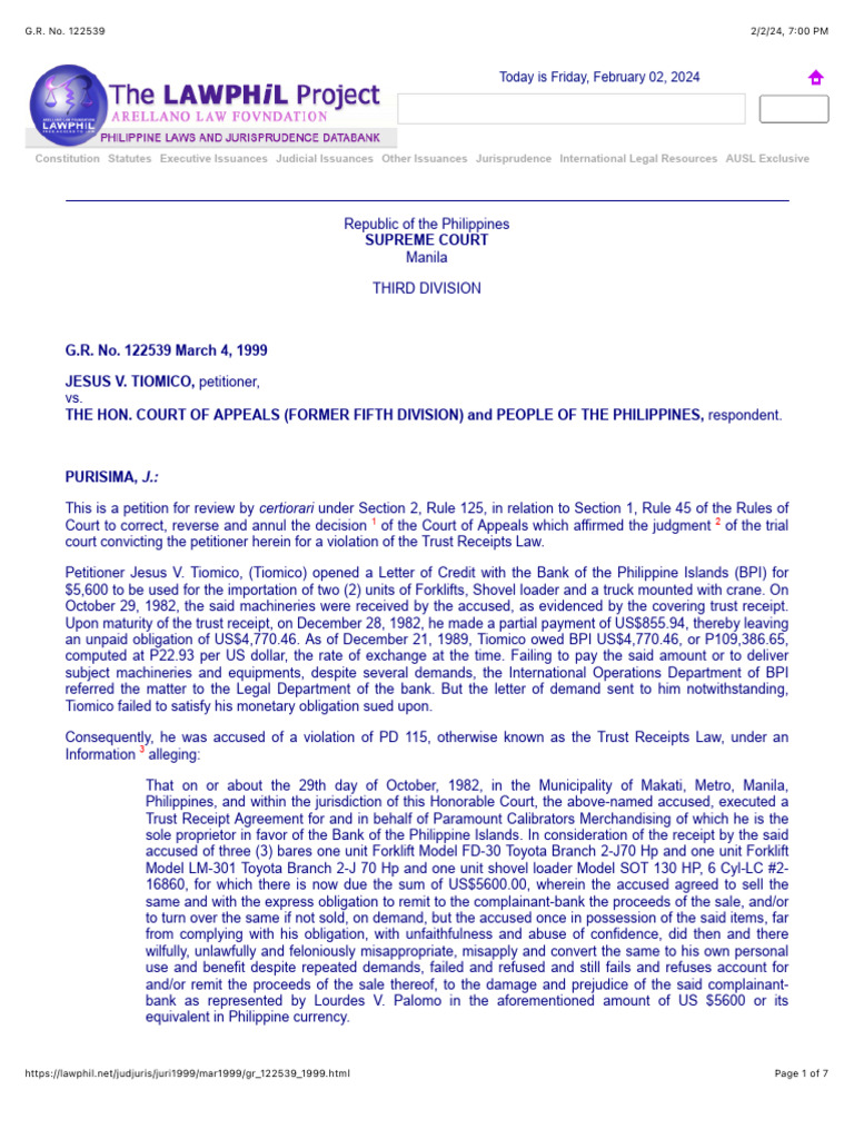 JESUS V. TIOMICO, Petitioner, vs. THE HON. COURT OF APPEALS (FORMER ...
