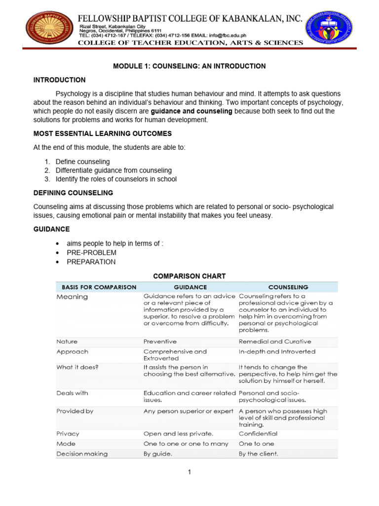 Module 1 Intro To Counseling | PDF | Counseling Psychology | Psychotherapy