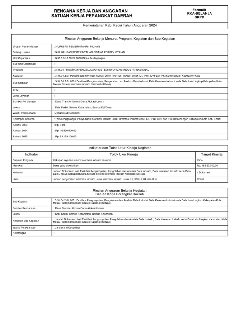 Rencana Kerja Dan Anggaran Satuan Kerja Perangkat Daerah: Formulir Rka-Belanja SKPD | PDF ...