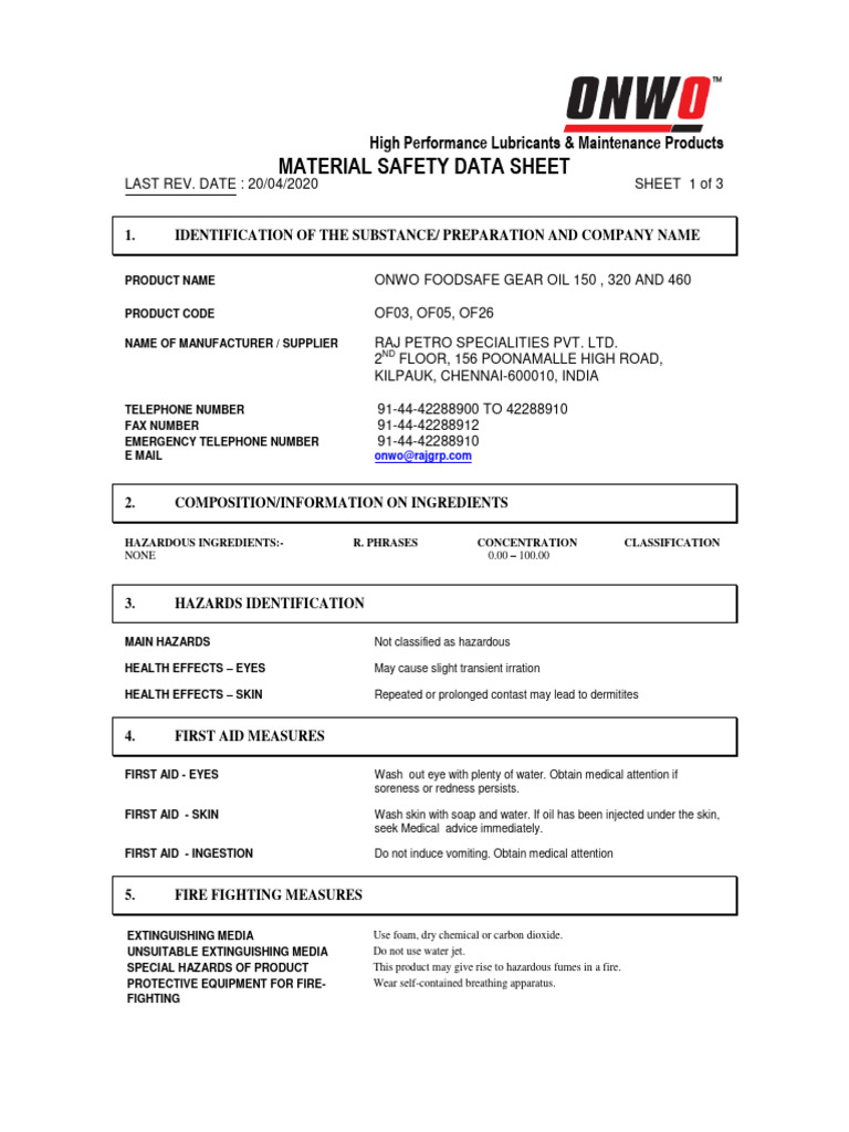 MSDS Foodsafe Gear Oil 150, 320 & 460 | PDF | Waste Management | Materials
