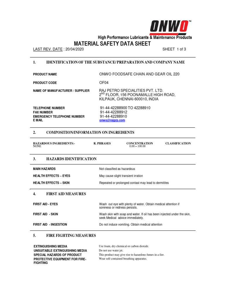 MSDS Onwo FS Chain and Gear Oil 220 | PDF | Chemistry | Safety
