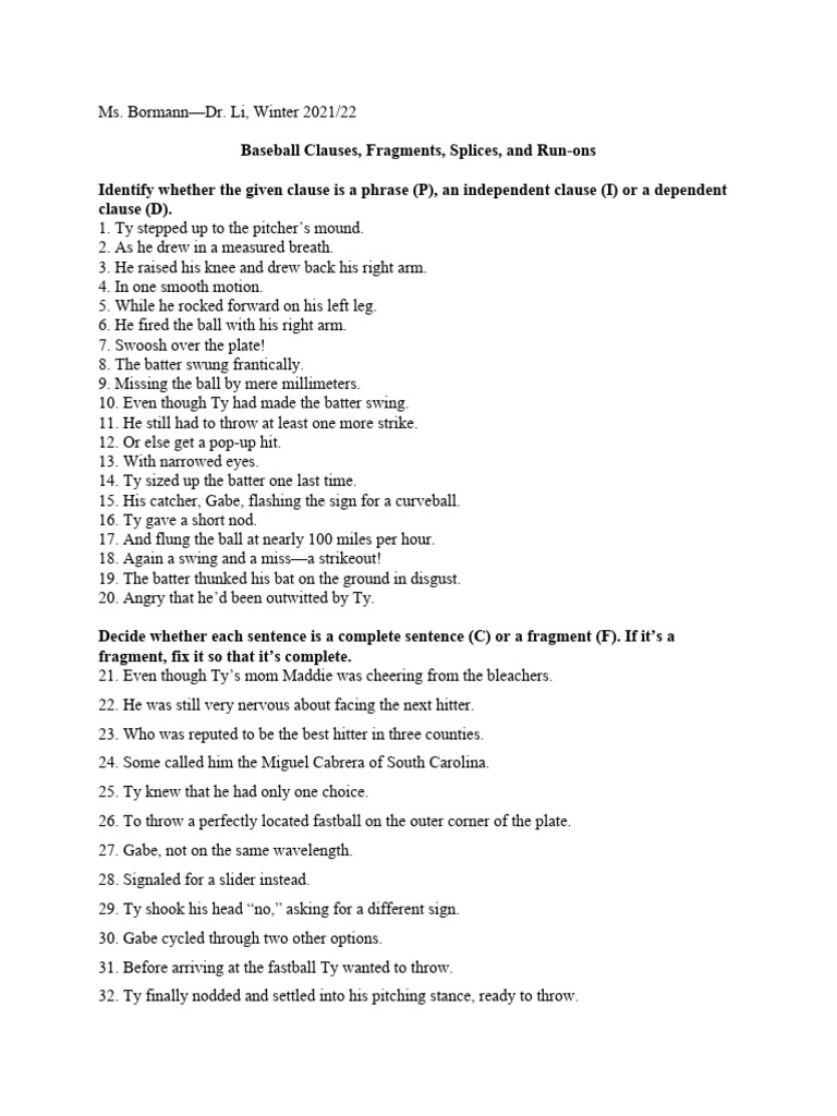 Baseball Clauses, Fragments, Splices, and Run-Ons WS | PDF | Baseball ...