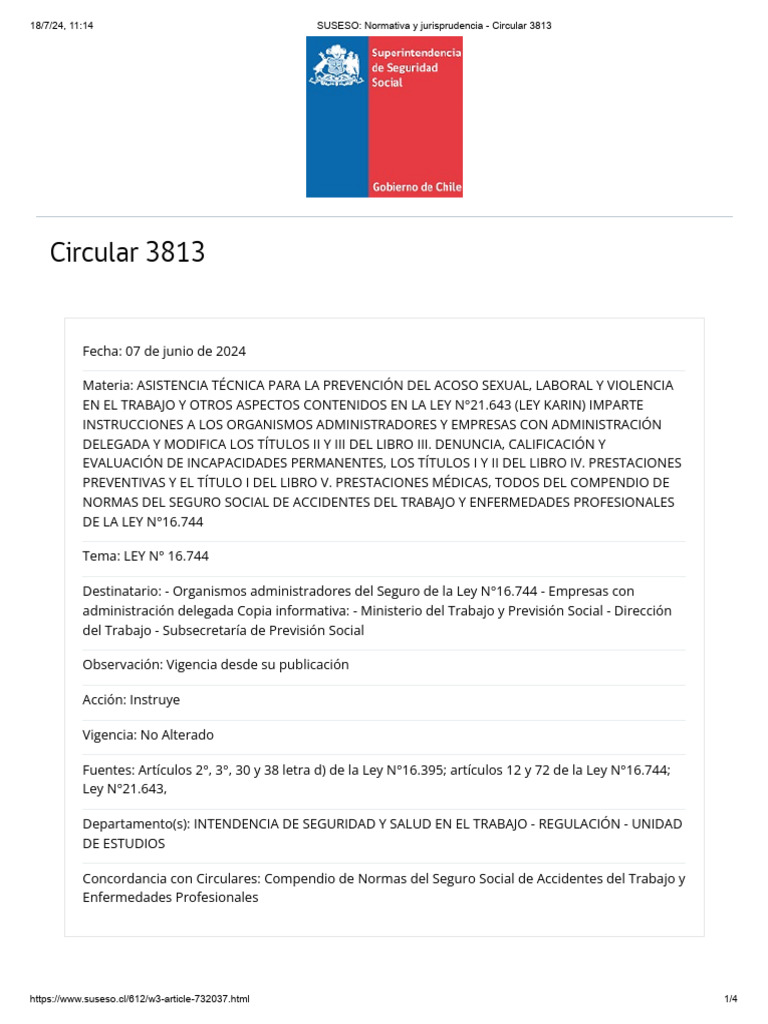 SUSESO - Normativa y Jurisprudencia - Circular 3813 | PDF | Bienestar | Derecho laboral