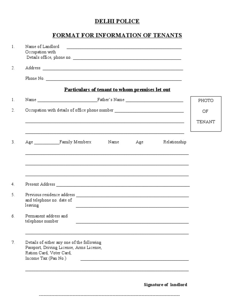 Delhi Police Tenant Registration Form | PDF