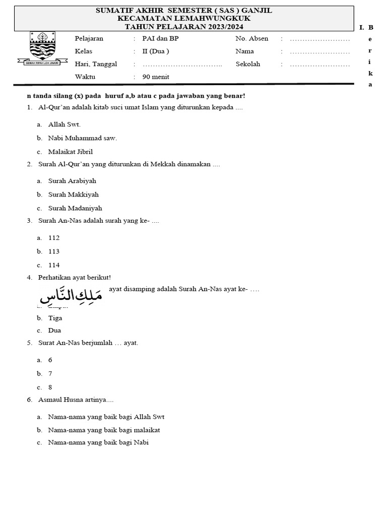 Soal Sas Pai Kelas 2 Tp. 2023-2024 | PDF