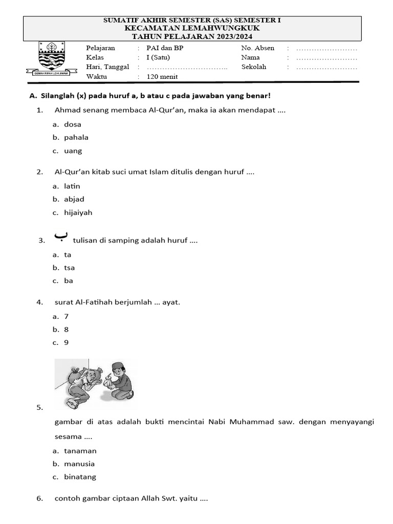 Soal Sas Pai Kelas 1 Tp. 2023-2024 | PDF